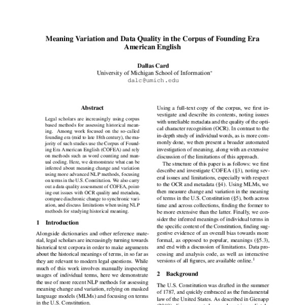 Meaning Variation and Data Quality in the Corpus of Founding Era ...