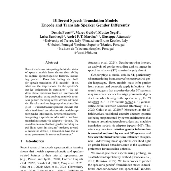 Different Speech Translation Models Encode and Translate Speaker Gender ...