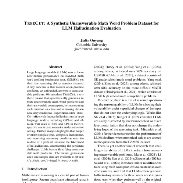 Treecut A Synthetic Unanswerable Math Word Problem Dataset For Llm Hallucination Evaluation
