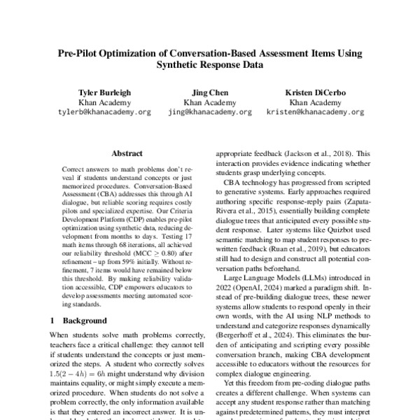 Pre-Pilot Optimization of Conversation-Based Assessment Items Using ...