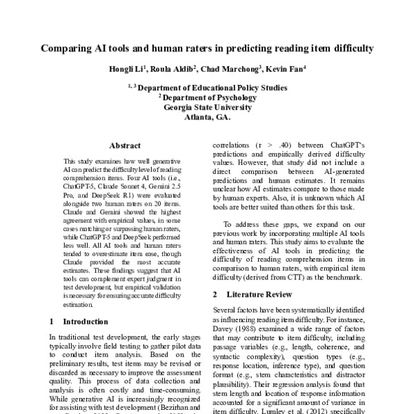Comparing AI tools and Human Raters in Predicting Reading Item ...