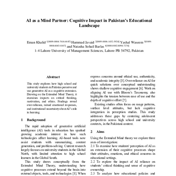 AI as a Mind Partner: Cognitive Impact in Pakistan’s Educational ...
