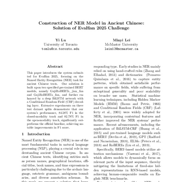 Construction of NER Model in Ancient Chinese: Solution of EvaHan 2025 Challenge - ACL Anthology