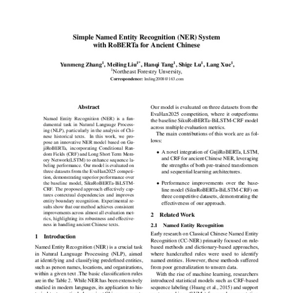 Simple Named Entity Recognition (NER) System with RoBERTa for Ancient Chinese - ACL Anthology
