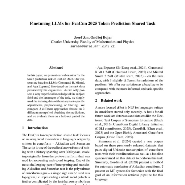 Finetuning LLMs for EvaCun 2025 token prediction shared task - ACL Anthology