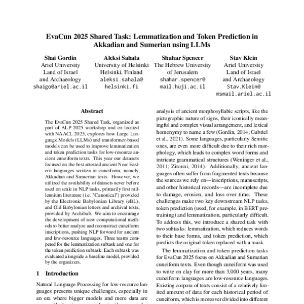 EvaCun 2025 Shared Task: Lemmatization and Token Prediction in Akkadian and Sumerian using LLMs ...