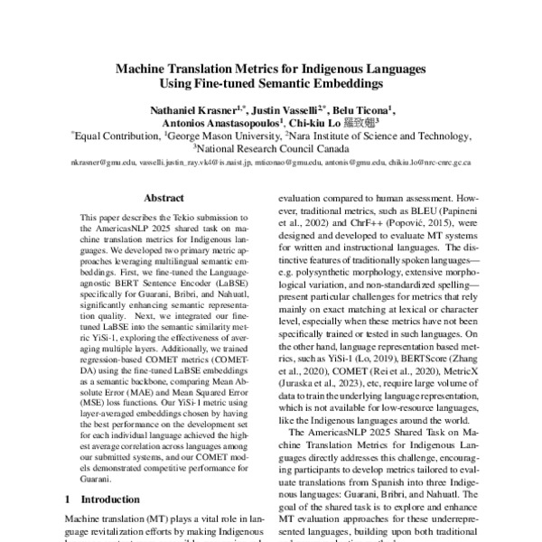 Machine Translation Metrics for Indigenous Languages Using Fine-tuned Semantic Embeddings - ACL ...