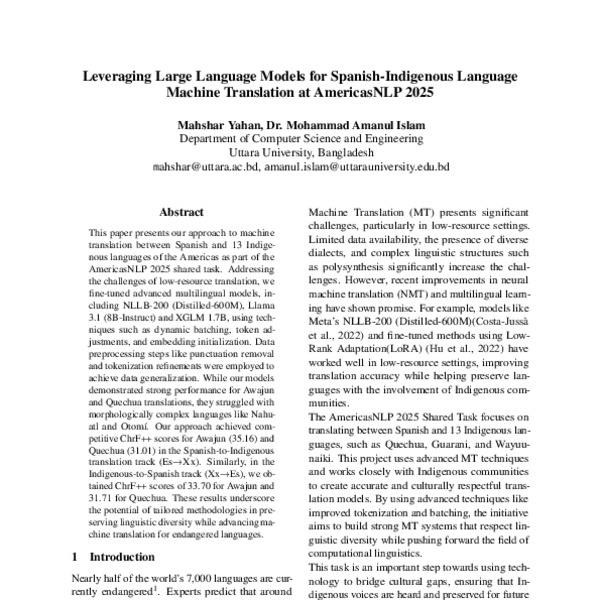 Leveraging Large Language Models for Spanish-Indigenous Language Machine Translation at ...