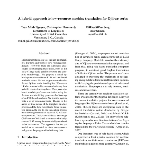 A hybrid Approach to low-resource machine translation for Ojibwe verbs - ACL Anthology