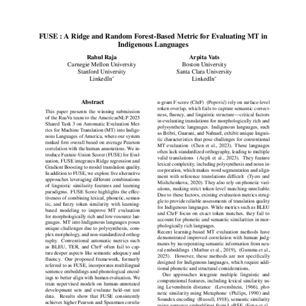 FUSE : A Ridge and Random Forest-Based Metric for Evaluating MT in Indigenous Languages - ACL ...