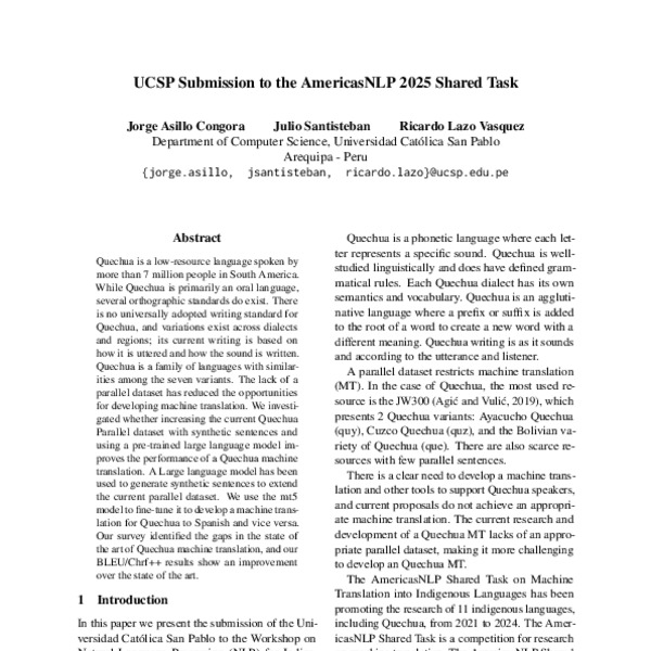 UCSP Submission to the AmericasNLP 2025 Shared Task - ACL Anthology