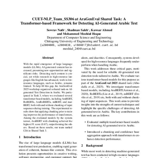CUET-NLP_Team_SS306 at AraGenEval Shared Task: A Transformer-based Framework for Detecting AI ...