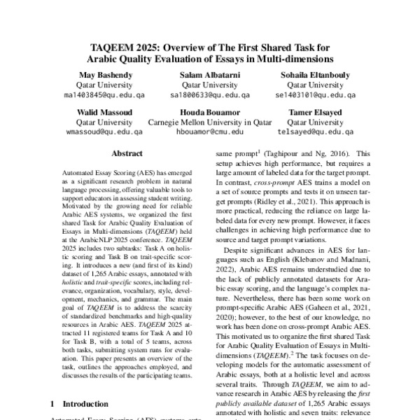 TAQEEM 2025: Overview of The First Shared Task for Arabic Quality ...