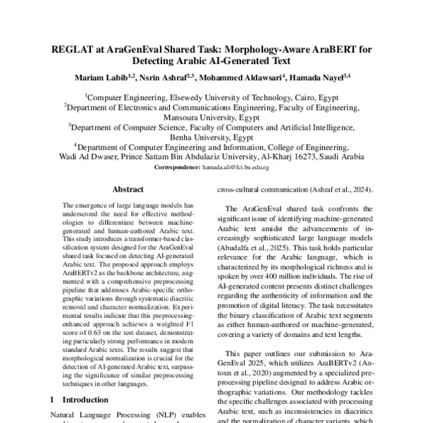 REGLAT at AraGenEval shared task: Morphology-Aware AraBERT for ...
