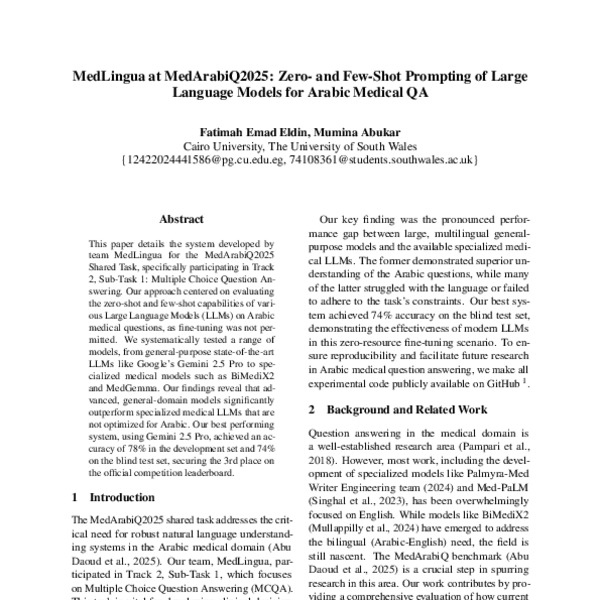 MedLingua at MedArabiQ2025: Zero- and Few-Shot Prompting of Large ...
