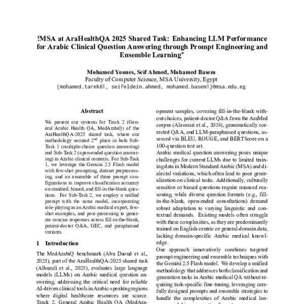 !MSA at AraHealthQA 2025 Shared Task: Enhancing LLM Performance for ...
