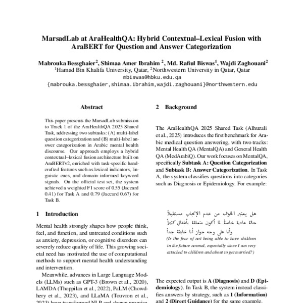 MarsadLab at AraHealthQA: Hybrid Contextual–Lexical Fusion with AraBERT ...
