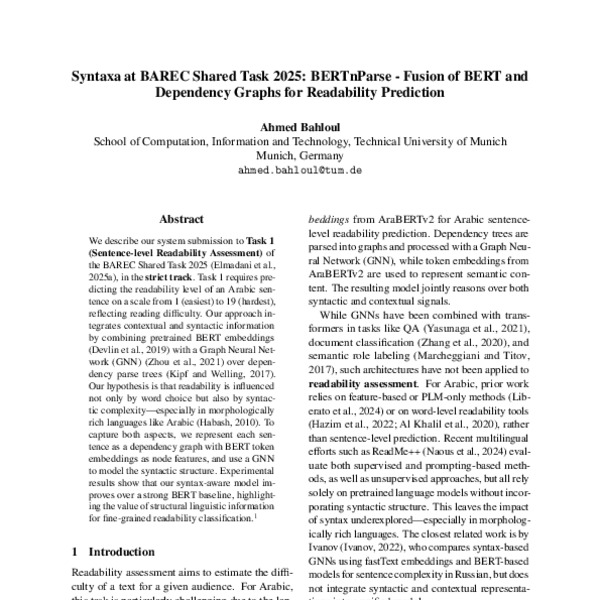 Syntaxa at BAREC Shared Task 2025: BERTnParse - Fusion of BERT and ...