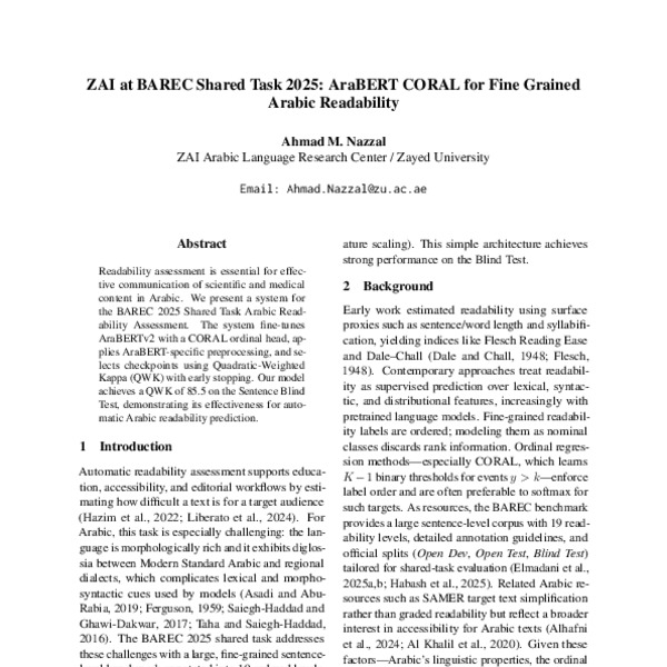 ZAI at BAREC Shared Task 2025: AraBERT CORAL for Fine Grained Arabic ...