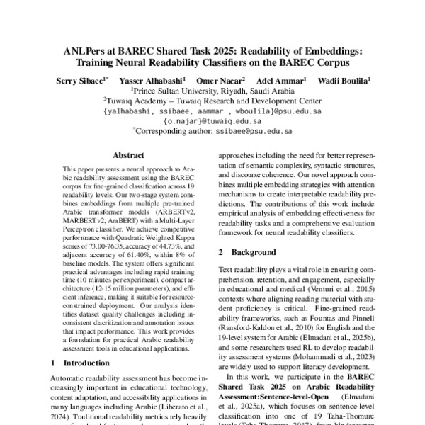 ANLPers at BAREC Shared Task 2025: Readability of Embeddings Training ...