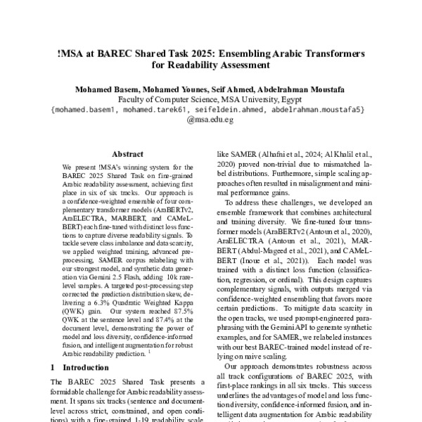 !MSA at BAREC Shared Task 2025: Ensembling Arabic Transformers for ...