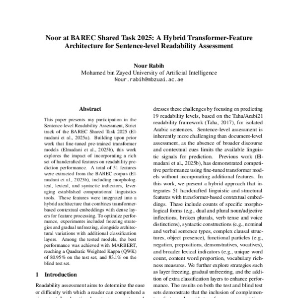 Noor at BAREC Shared Task 2025: A Hybrid Transformer-Feature Architecture for Sentence-level ...