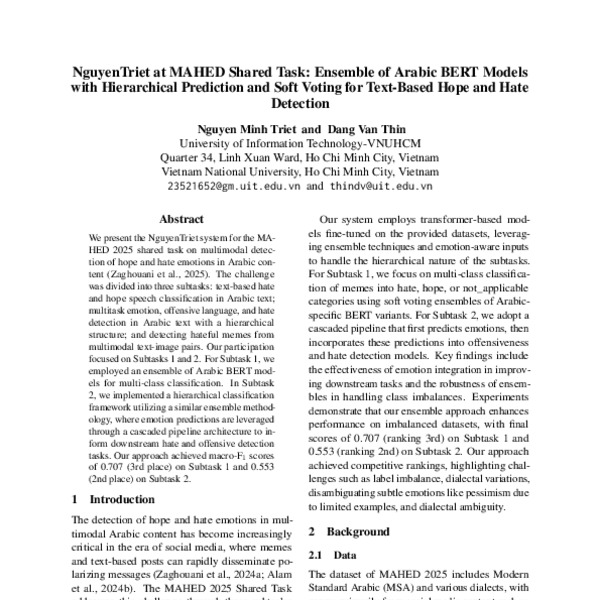 NguyenTriet at MAHED Shared Task: Ensemble of Arabic BERT Models with ...