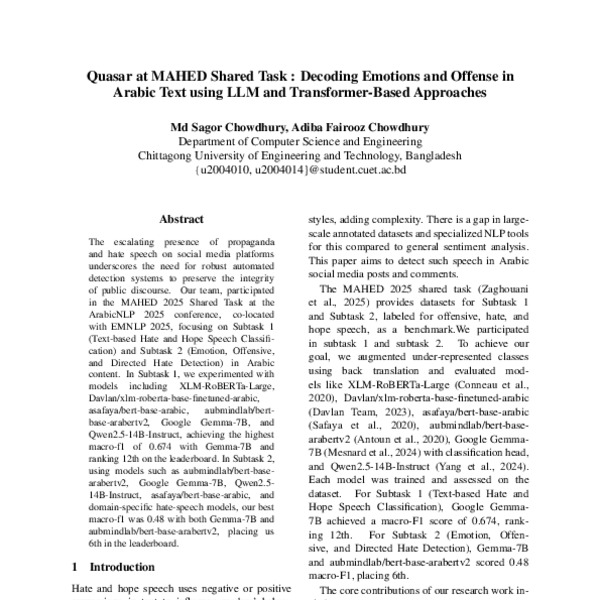 Quasar at MAHED Shared Task : Decoding Emotions and Offense in Arabic Text using LLM and ...
