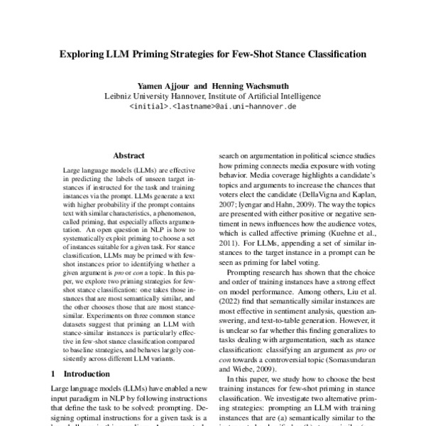 Exploring LLM Priming Strategies for Few-Shot Stance Classification ...