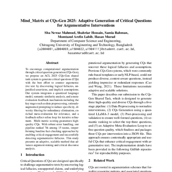 Mind_Matrix at CQs-Gen 2025: Adaptive Generation of Critical Questions ...