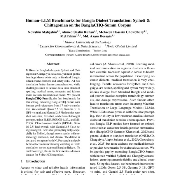 Human–LLM Benchmarks for Bangla Dialect Translation: Sylheti and ...