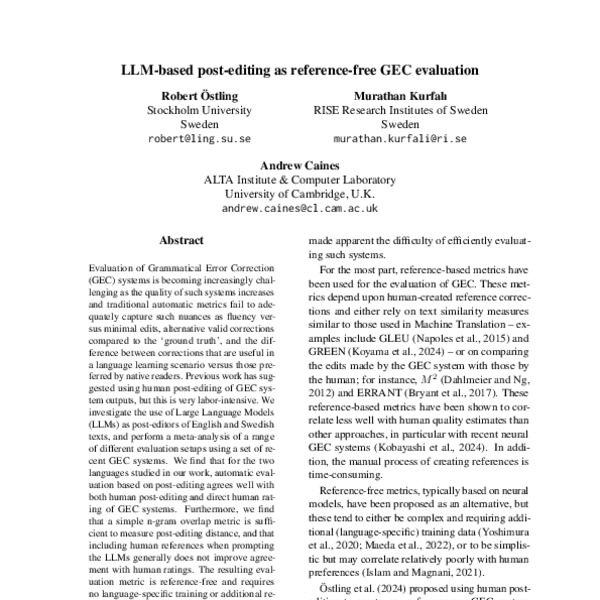 LLM-based post-editing as reference-free GEC evaluation - ACL Anthology