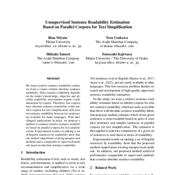 Unsupervised Sentence Readability Estimation Based on Parallel Corpora for Text Simplification ...