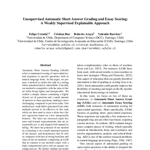 Unsupervised Automatic Short Answer Grading and Essay Scoring: A Weakly Supervised Explainable ...