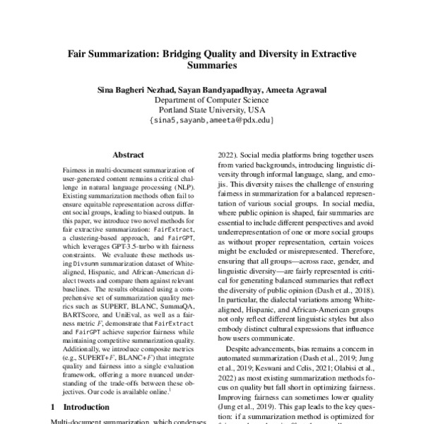 Fair Summarization: Bridging Quality and Diversity in Extractive Summaries - ACL Anthology