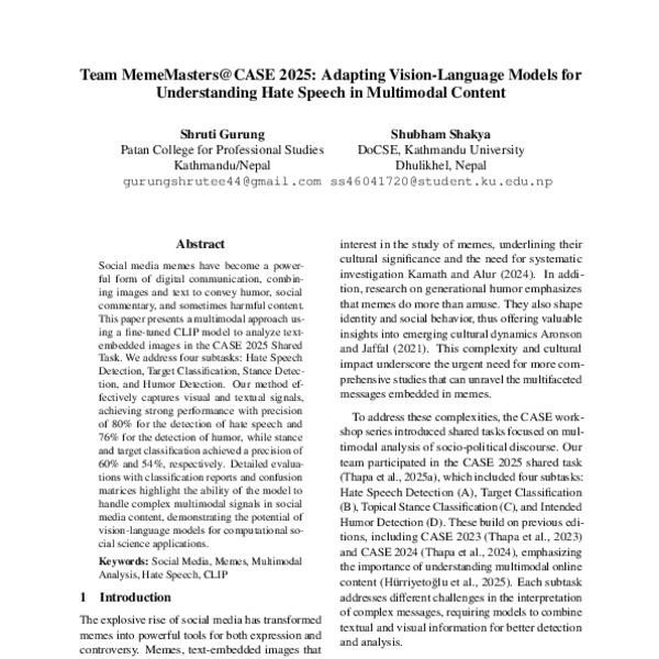 Team MemeMasters@CASE 2025: Adapting Vision-Language Models for ...