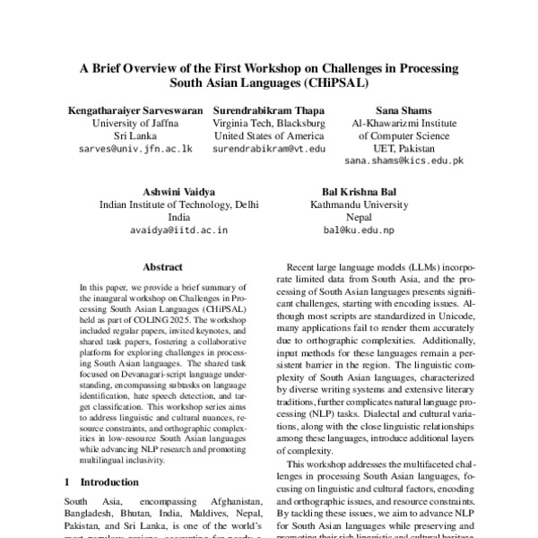 A Brief Overview of the First Workshop on Challenges in Processing South Asian Languages ...