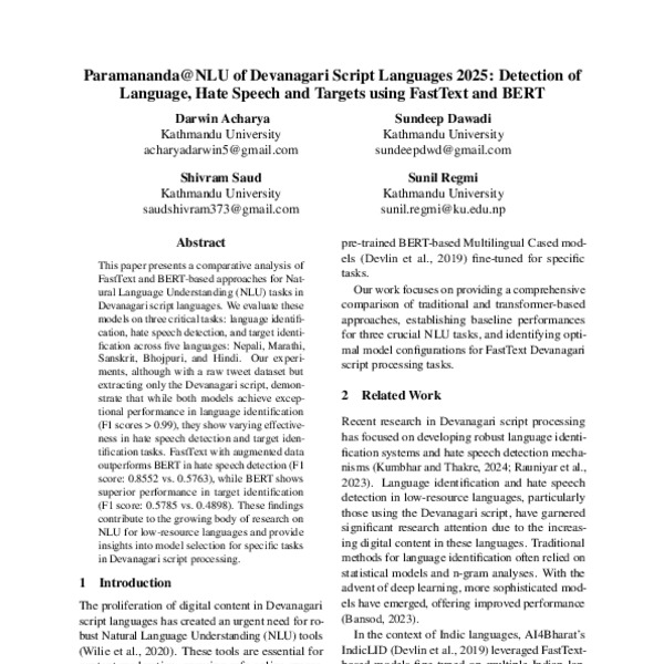 Paramananda@NLU of Devanagari Script Languages 2025: Detection of Language, Hate Speech and ...