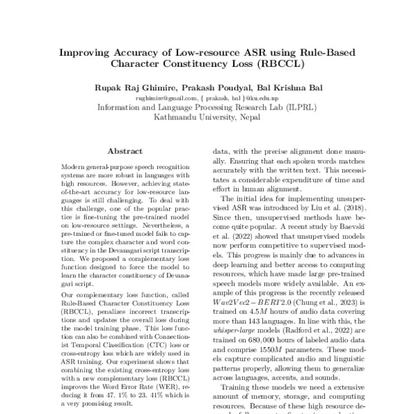 Improving Accuracy of Low-resource ASR using Rule-Based Character Constituency Loss (RBCCL ...