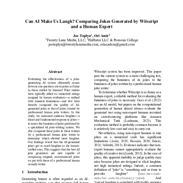 Can AI Make Us Laugh? Comparing Jokes Generated by Witscript and a Human Expert - ACL Anthology