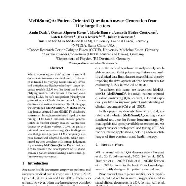 MeDiSumQA: Patient-Oriented Question-Answer Generation from Discharge Letters - ACL Anthology