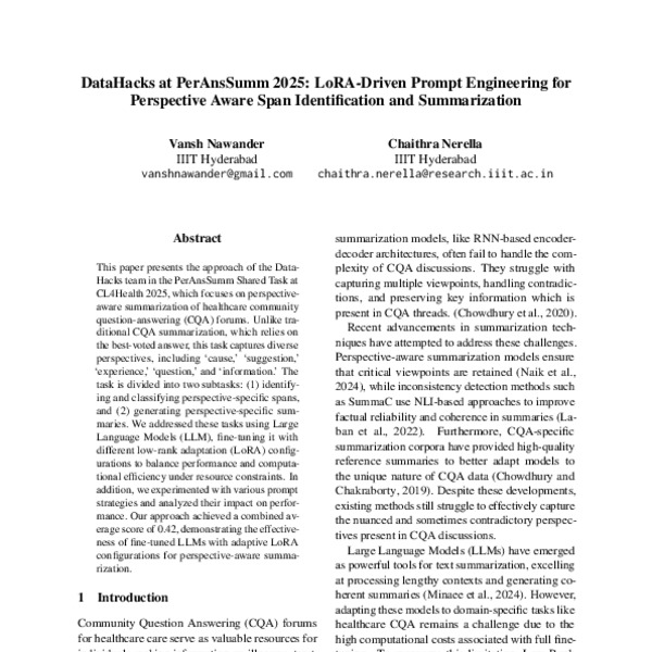 DataHacks at PerAnsSumm 2025: LoRA-Driven Prompt Engineering for Perspective Aware Span ...