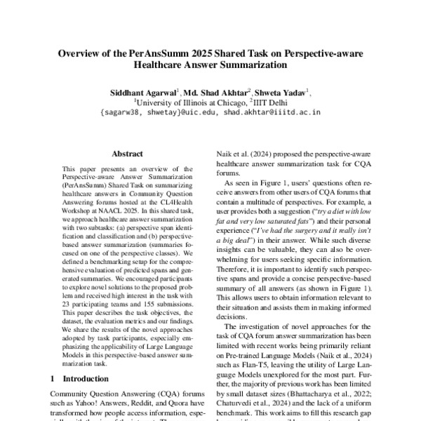 Overview of the PerAnsSumm 2025 Shared Task on Perspective-aware Healthcare Answer Summarization ...