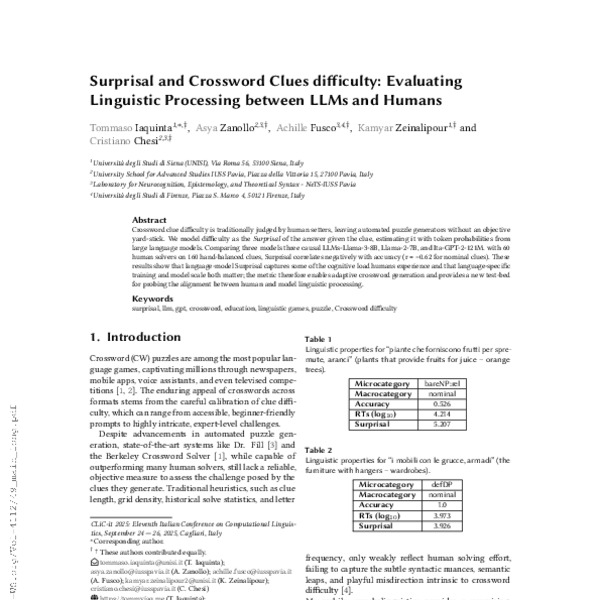 Surprisal and Crossword Clues Difficulty: Evaluating Linguistic ...