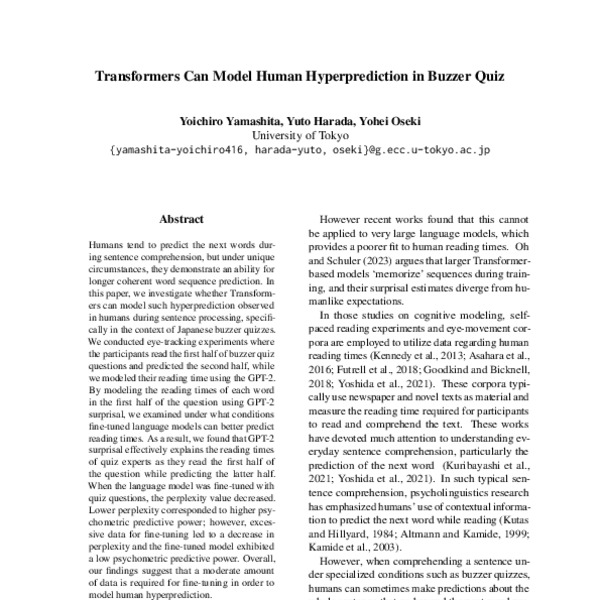 Transformers Can Model Human Hyperprediction in Buzzer Quiz - ACL Anthology