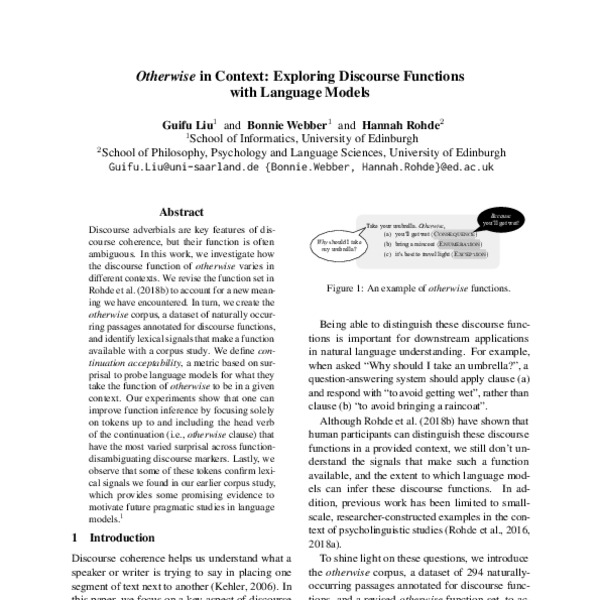 “Otherwise” in Context: Exploring Discourse Functions with Language ...