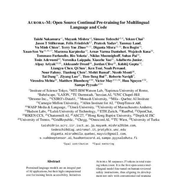 Aurora-M: Open Source Continual Pre-training for Multilingual Language ...