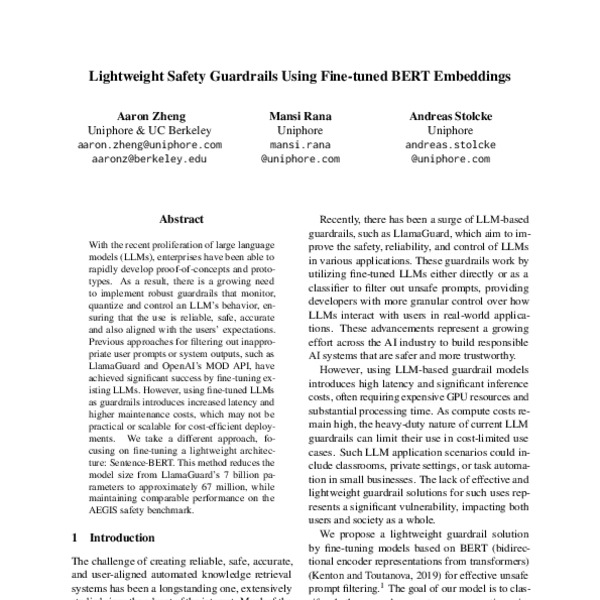 Lightweight Safety Guardrails Using Fine-tuned BERT Embeddings - ACL Anthology