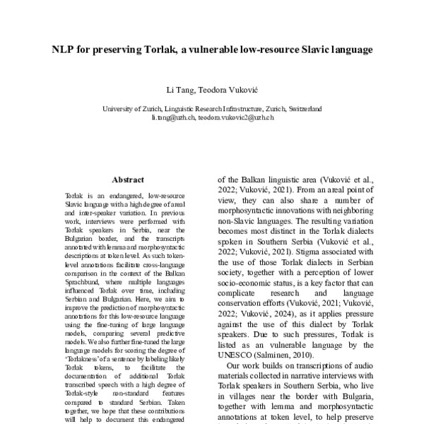 NLP for preserving Torlak, a vulnerable low-resource Slavic language - ACL Anthology