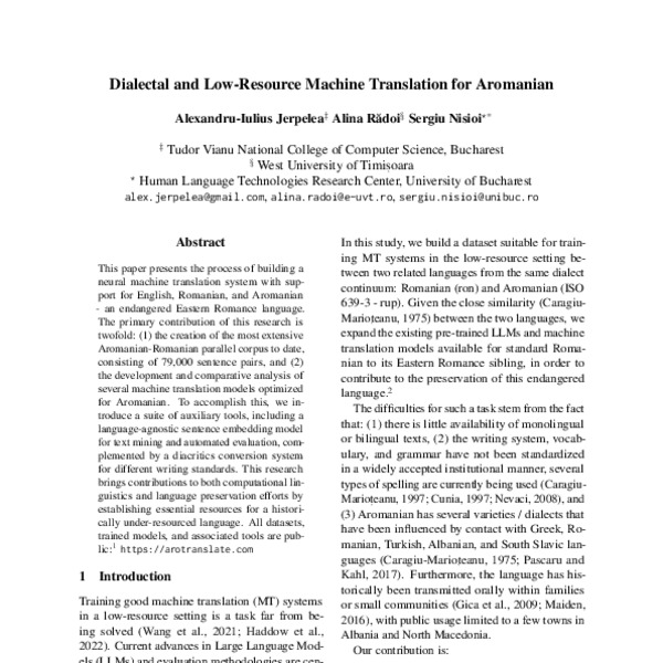 Dialectal and Low Resource Machine Translation for Aromanian - ACL ...